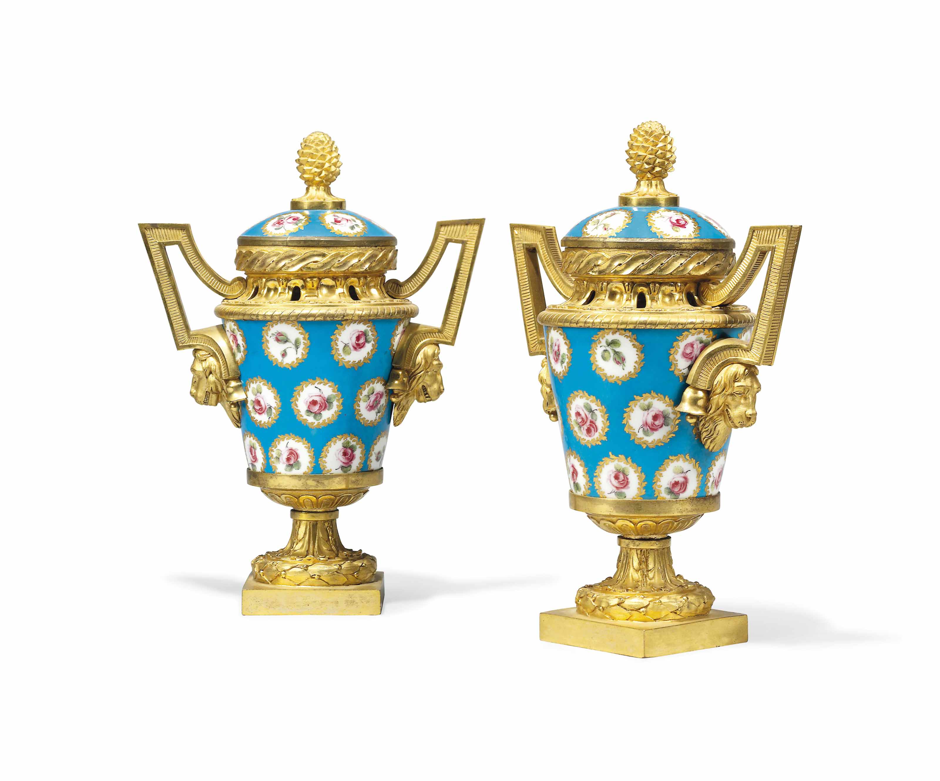 A PAIR OF LATE LOUIS XV ORMOLU-MOUNTED SEVRES BLEU CELESTE PORCELAIN ...