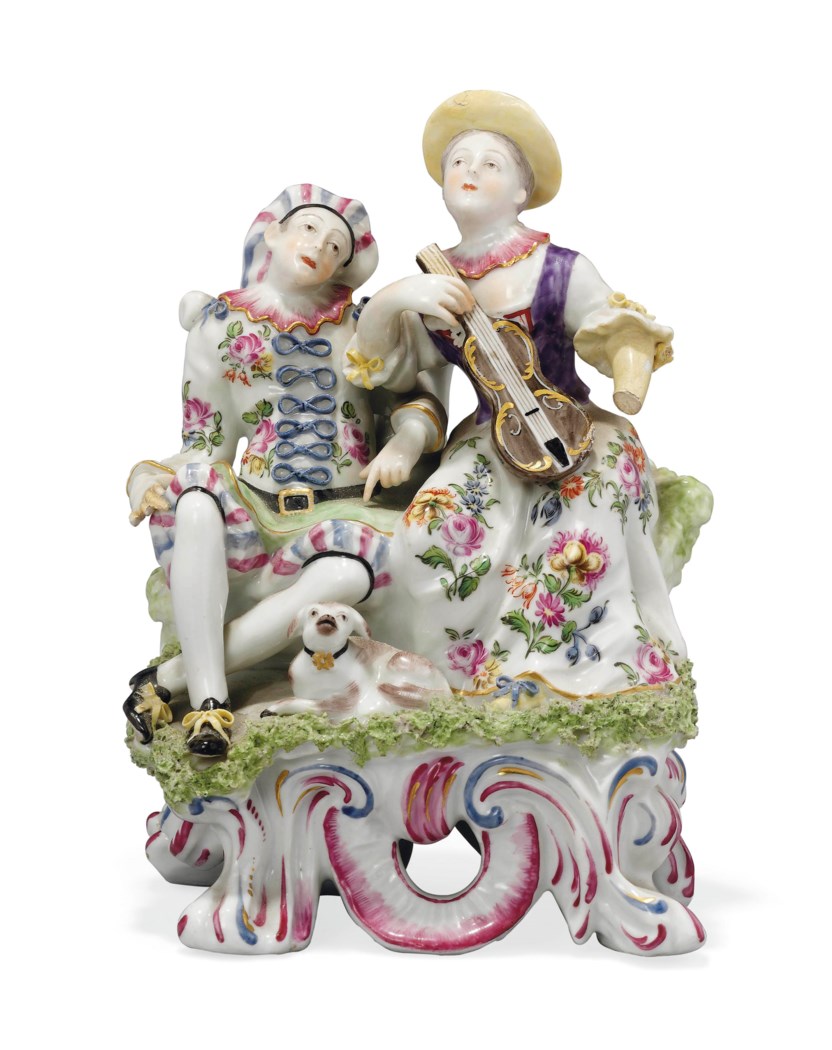 A CONTINENTAL PORCELAIN BOW-STYLE COMMEDIA DELL'ARTE FIGURE GROUP OF ...