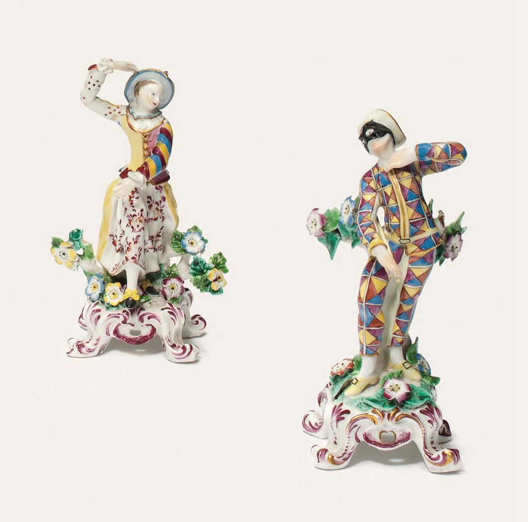 A PAIR OF BOW FIGURES OF HARLEQUIN AND COLUMBINE , CIRCA 1765 | Christie's