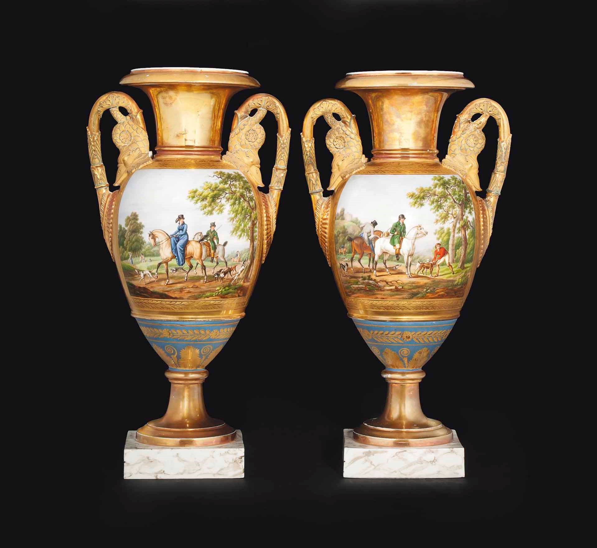A PAIR OF PARIS PORCELAIN TWO-HANDLED OVIFORM VASES , CIRCA 1800-20 ...