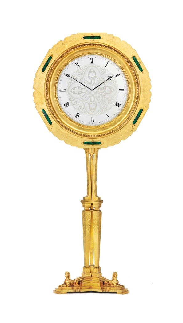 A HIGHLY UNUSUAL VICTORIAN GILT-BRASS AND MALACHITE-MOUNTED STRIKING ...