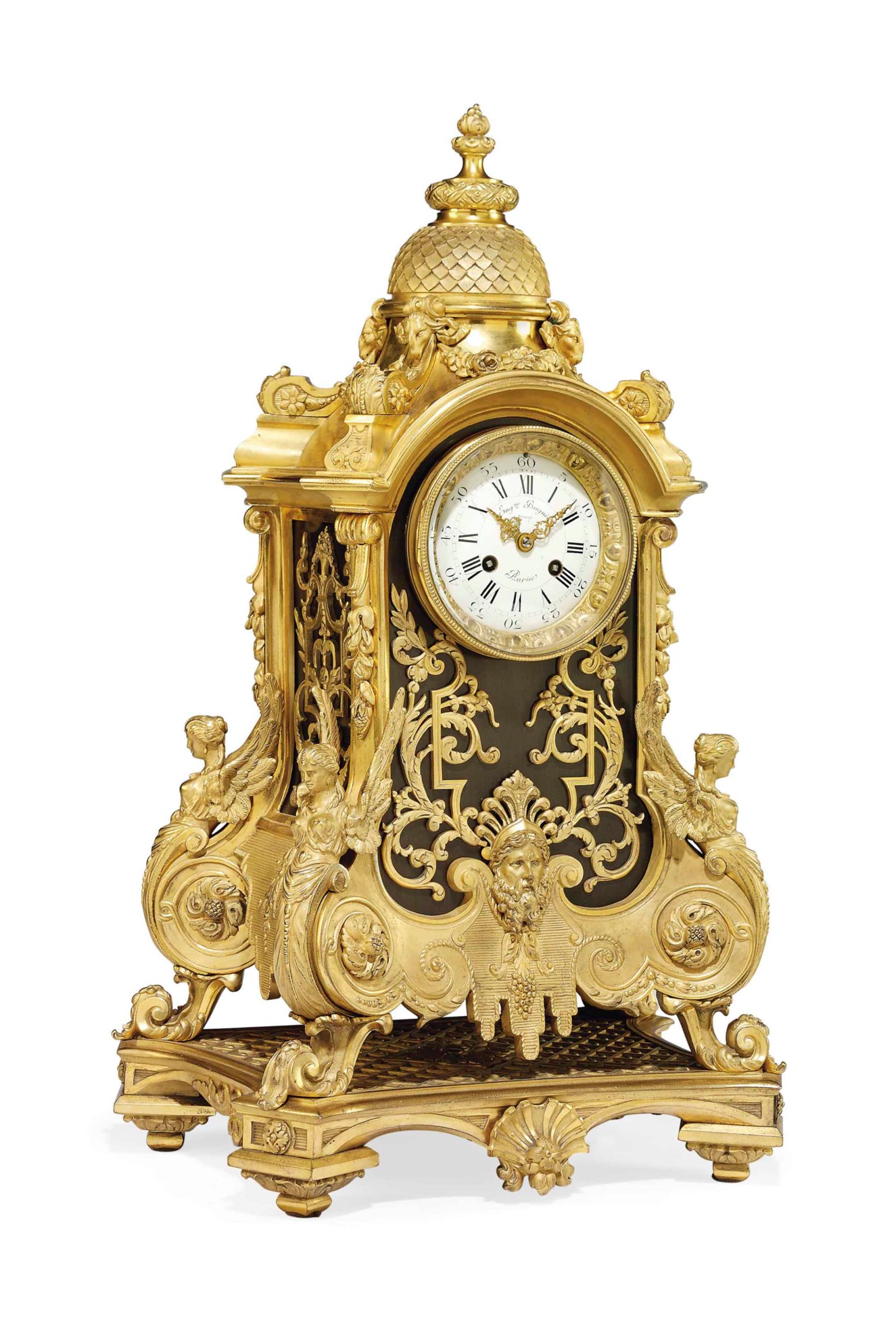 A FRENCH ORMOLU AND TOLE MANTEL CLOCK , OF LOUIS XIV STYLE, AFTER THE ...