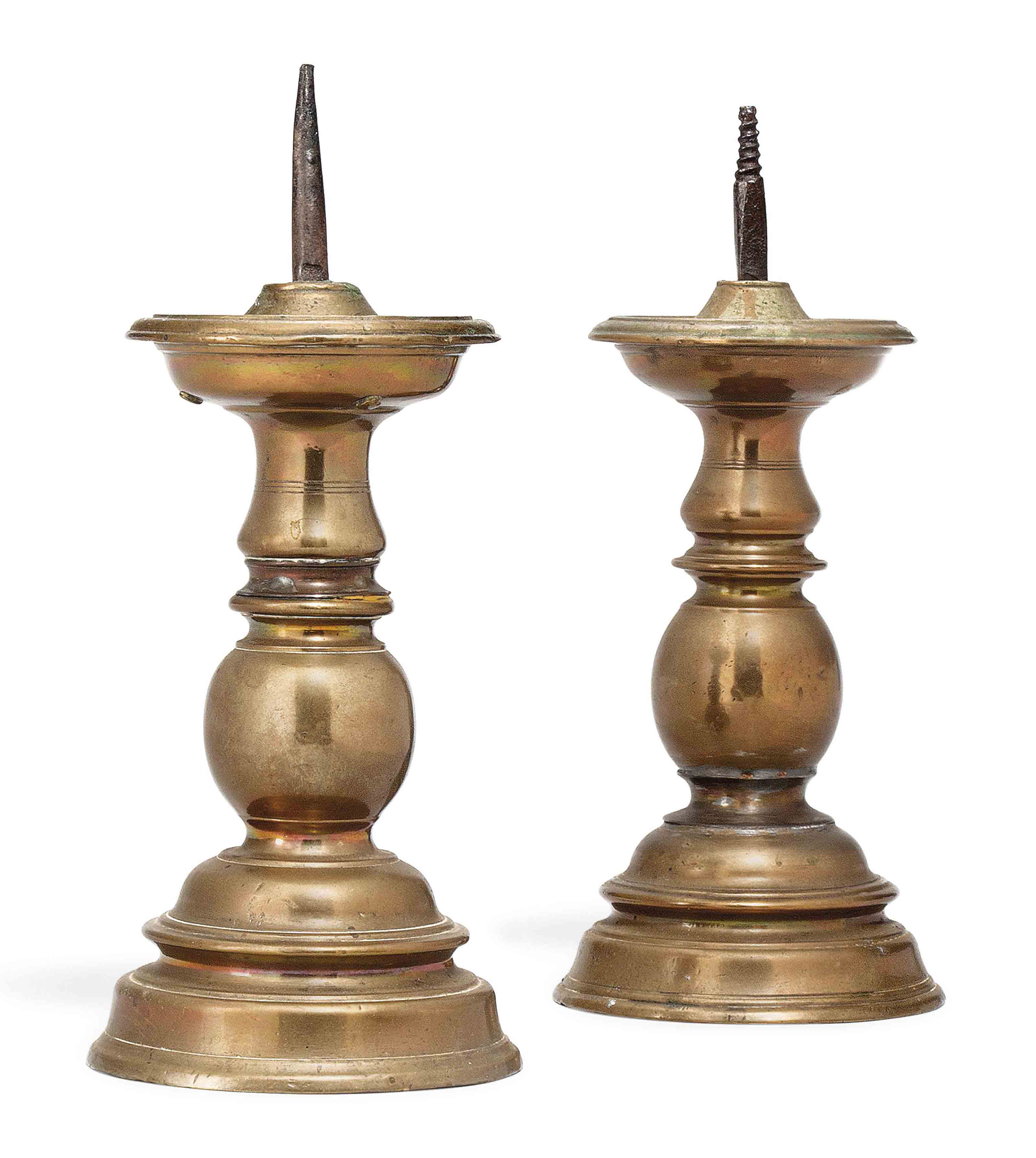 A PAIR OF FLEMISH BRASS PRICKET CANDLESTICKS , PROBABLY 18TH CENTURY ...
