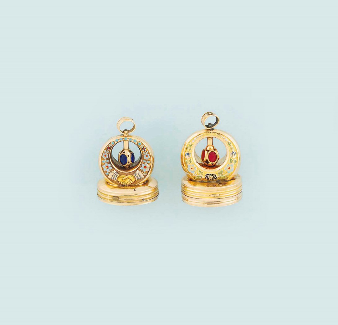 Two 19th century gold, enamel and paste musical fob seals