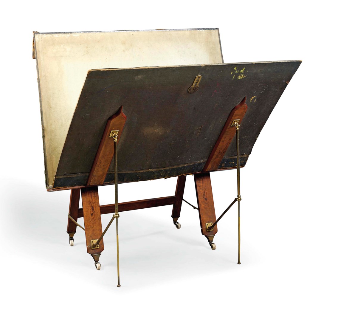 A VICTORIAN BRASS AND LEATHER-MOUNTED WALNUT FOLIO STAND , BY BUNYARD ...