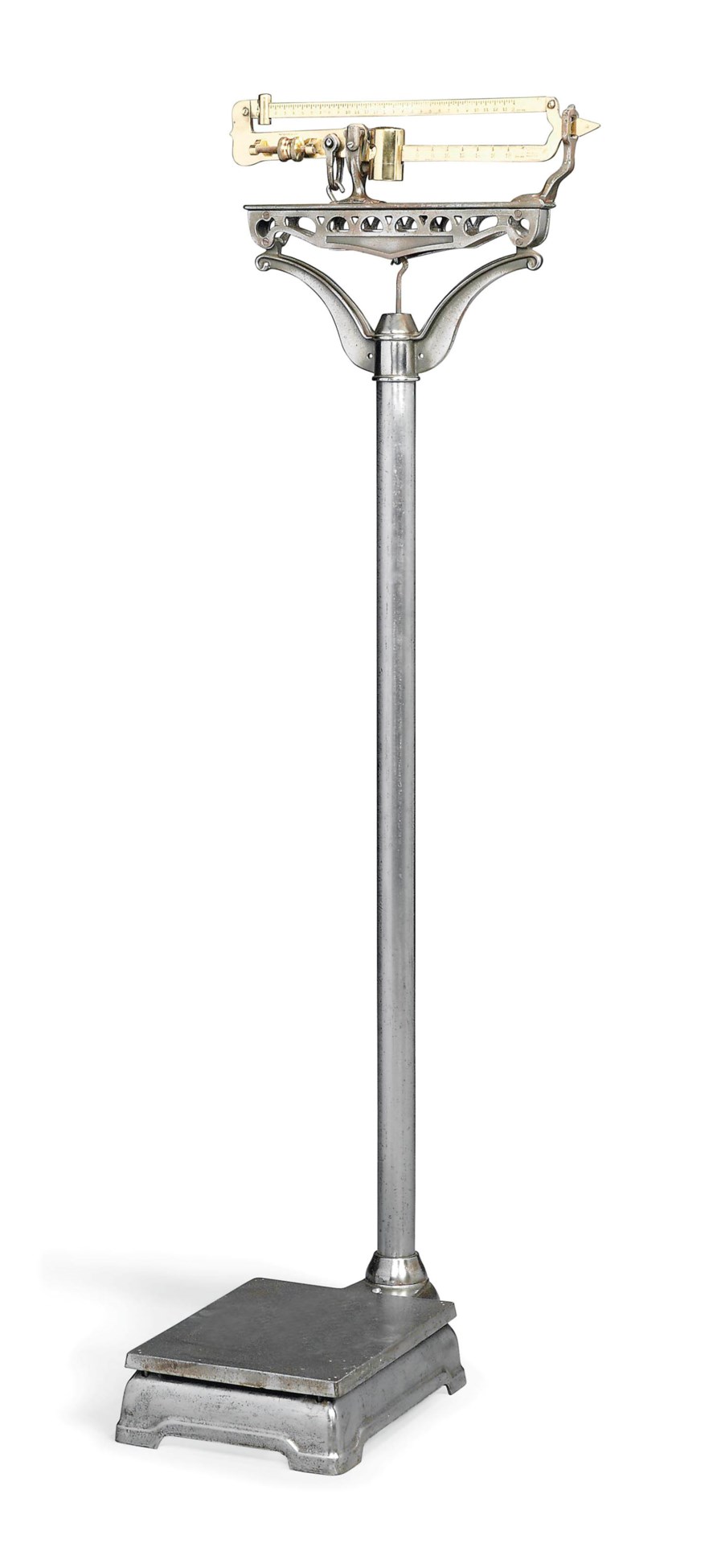 A SET OF AMERICAN FLOOR STANDING POLISHED BRASS AND STEEL WEIGHING ...
