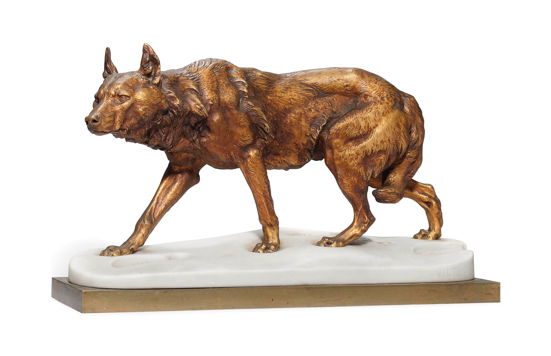 'WOLF ON THE TRAIL' A CHARLES VALTON (1851-1918) GILT-BRONZE AND MARBLE ...