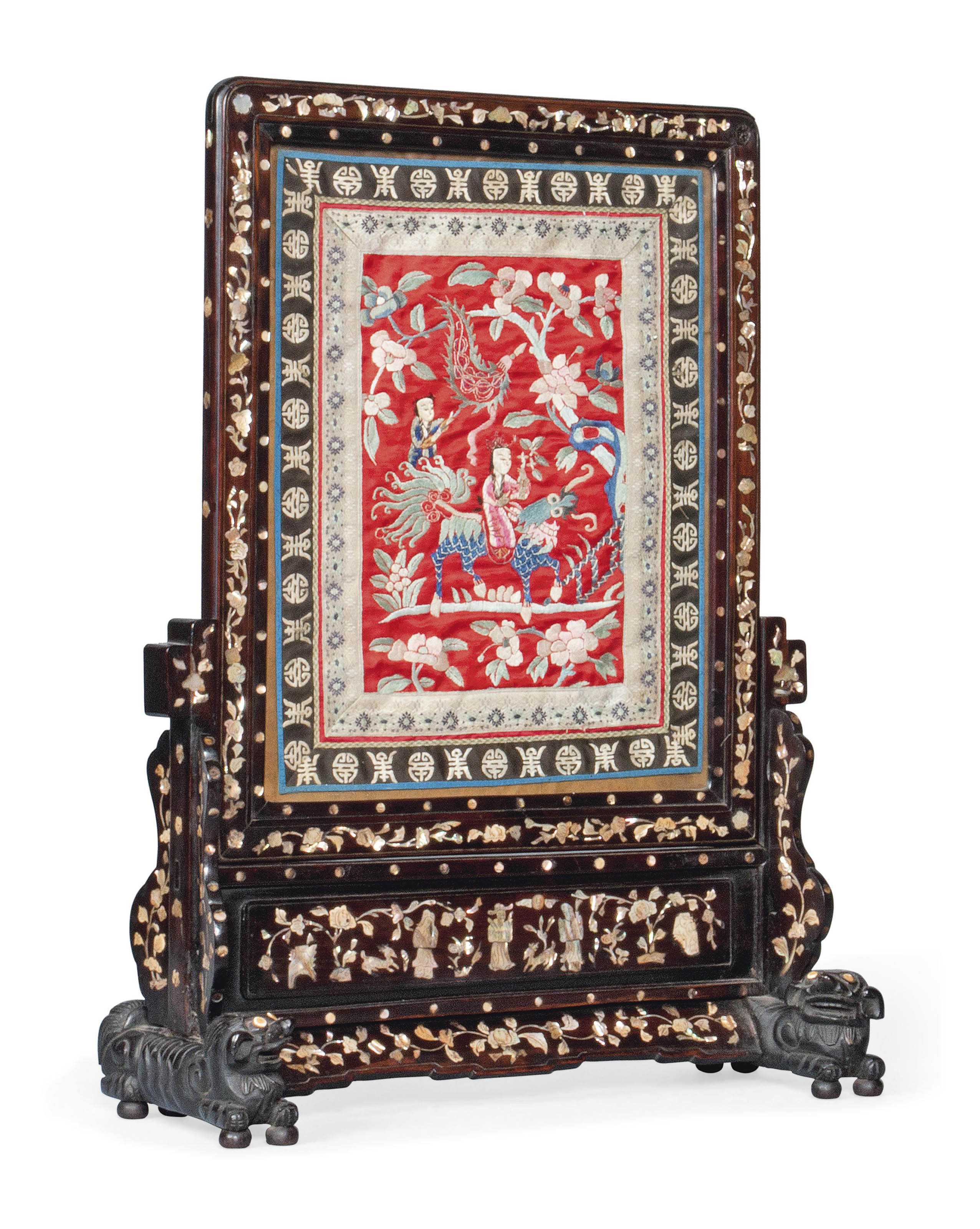 A CHINESE MOTHER-OF-PEARL INLAID HARDWOOD TABLE-SCREEN