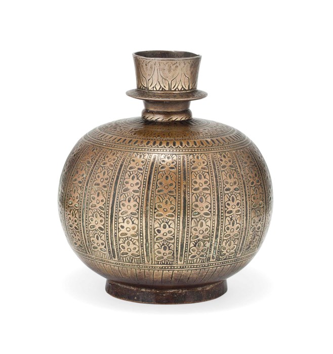 A CARVED BRASS HUQQA BASE