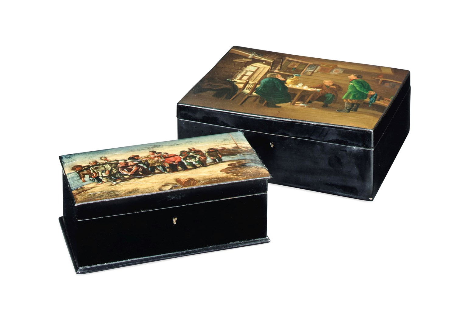 A RUSSIAN PAPIER MACHE BOX PAINTED WITH 'LOVERS OF THE NIGHTINGALE ...