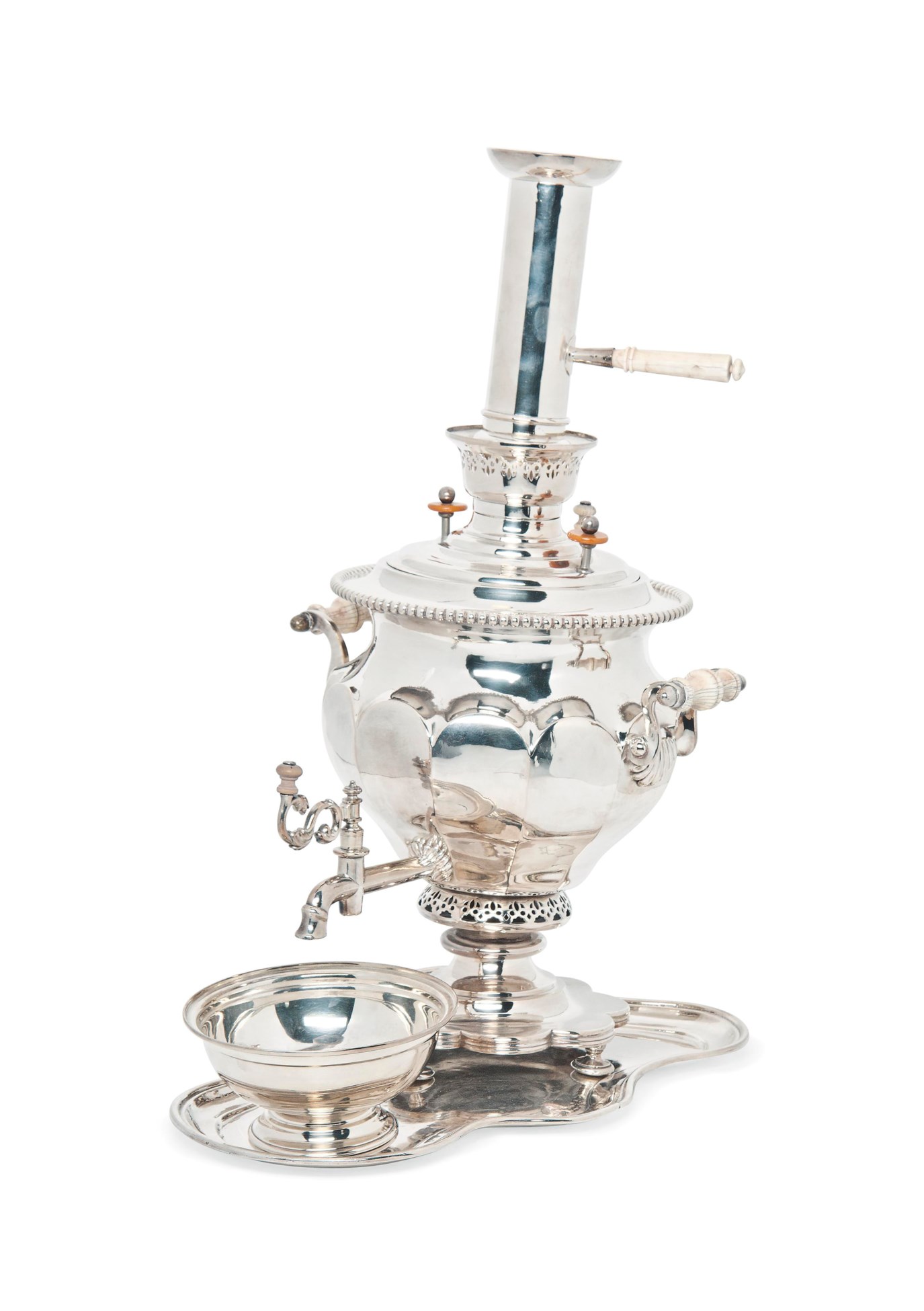 A POLISH SILVER-PLATED SAMOVAR WITH TRAY AND SLOP BOWL EN SUITE , MARK ...