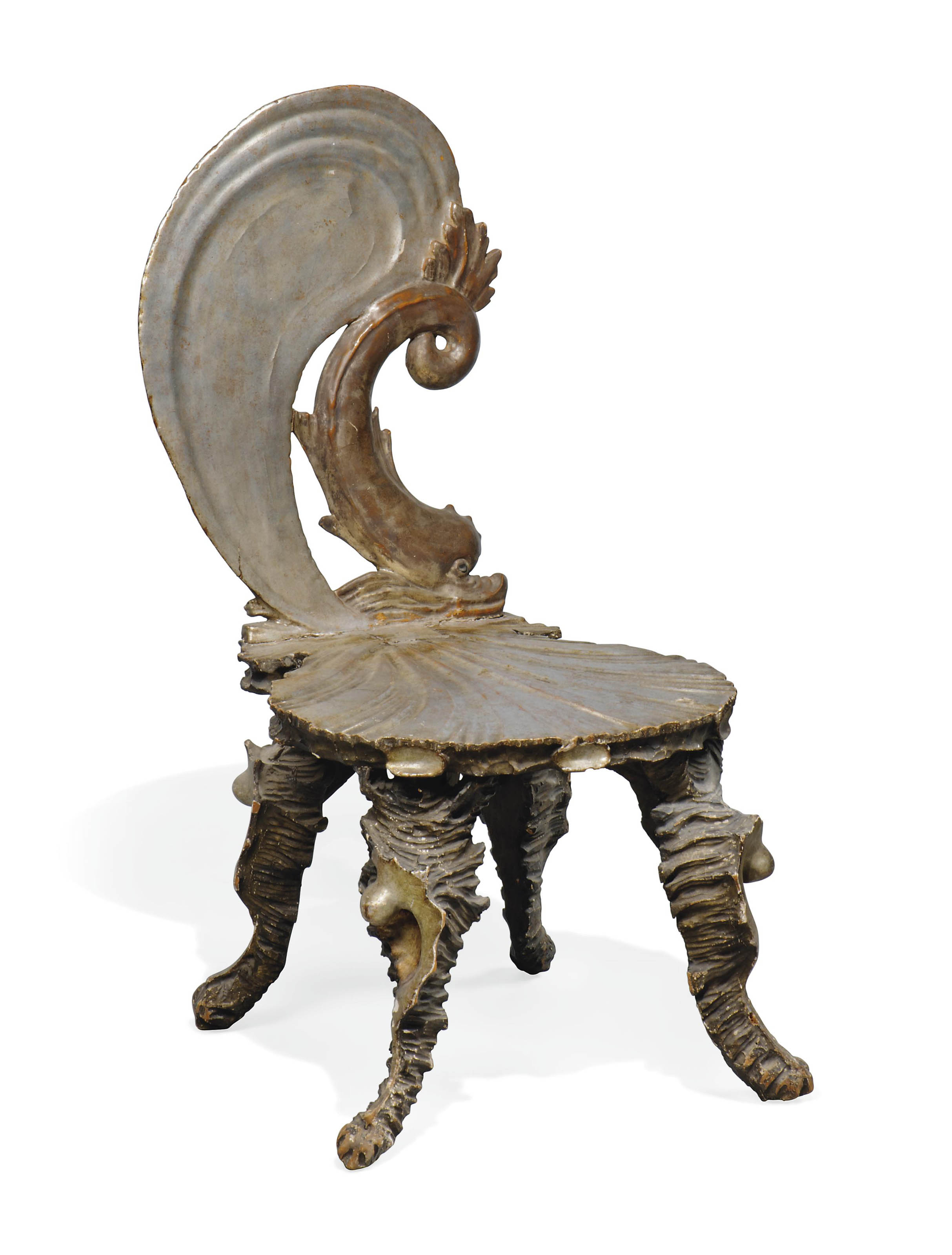 A VENETIAN CARVED, GILT AND SILVERED WOOD GROTTO CHAIR , OF ROCOCO ...