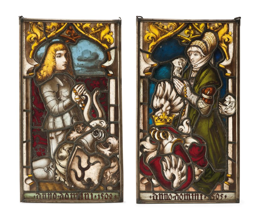 A PAIR OF GERMAN STAINED AND LEADED GLASS PANELS , 19TH CENTURY ...