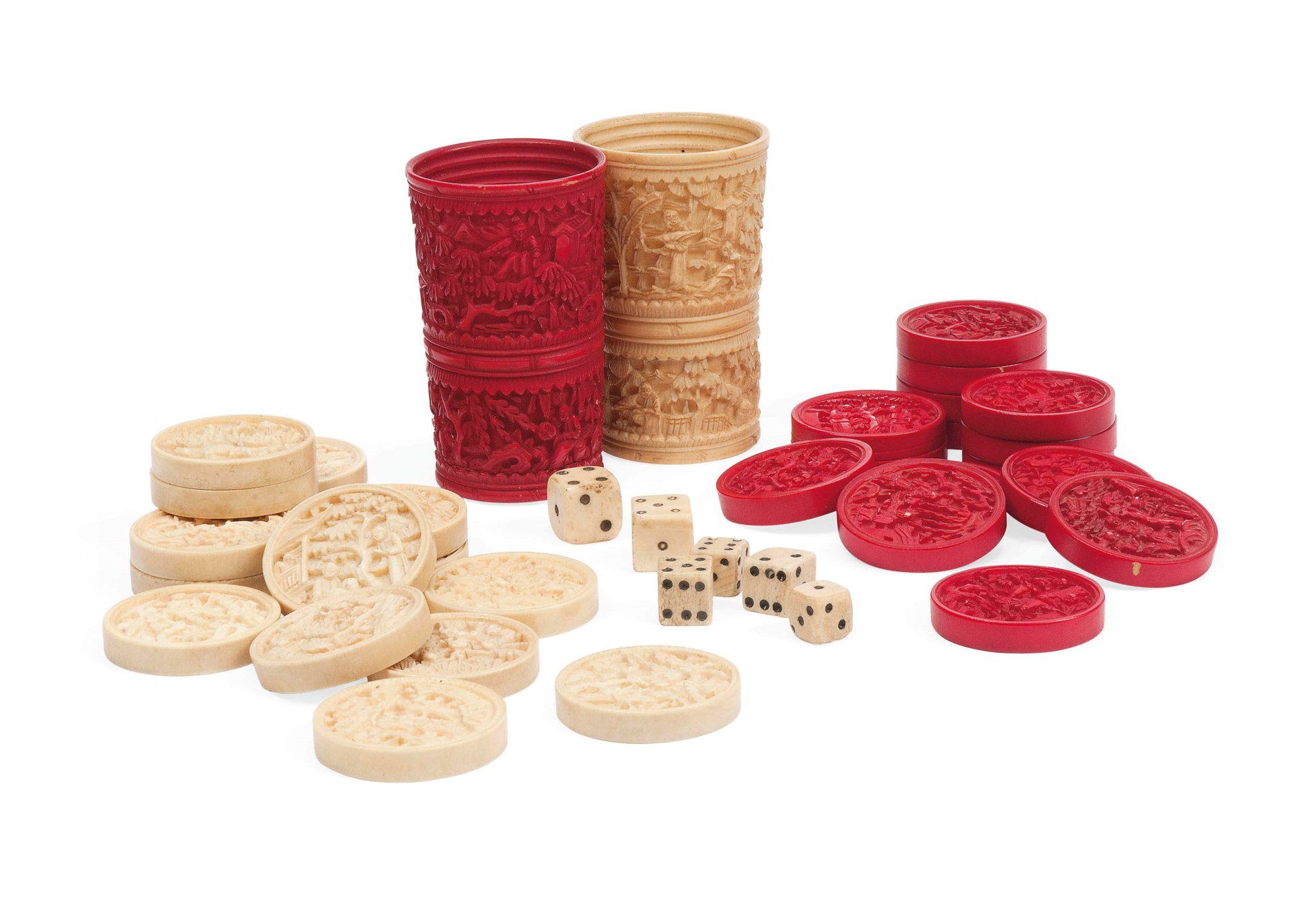 A COLLECTION OF THIRTY CHINESE EXPORT IVORY DRAUGHTS PIECES , 19TH ...