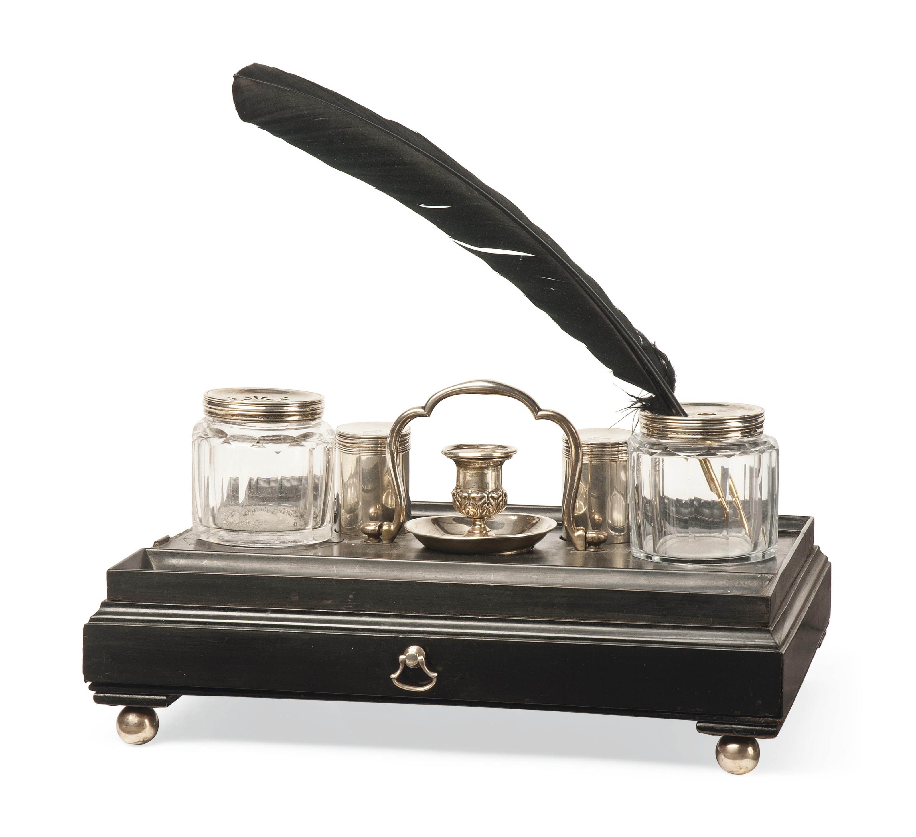 A VICTORIAN EBONISED WOOD AND SILVER MOUNTED INKSTAND , LATE 19TH ...