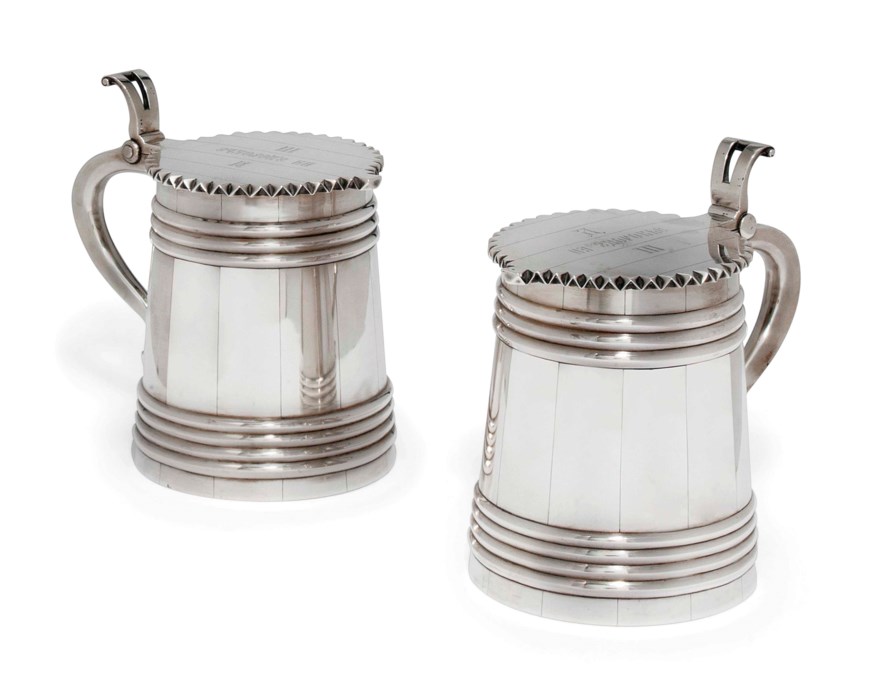 A PAIR OF RUSSIAN SILVER TANKARDS , MARK OF PAVEL OVCHINNIKOV, MOSCOW ...
