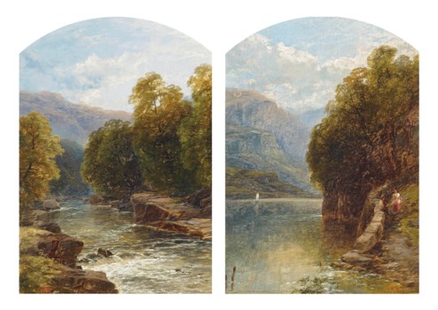 John Brandon Smith (1848-1898) , Figures on a path by a lake; and A ...