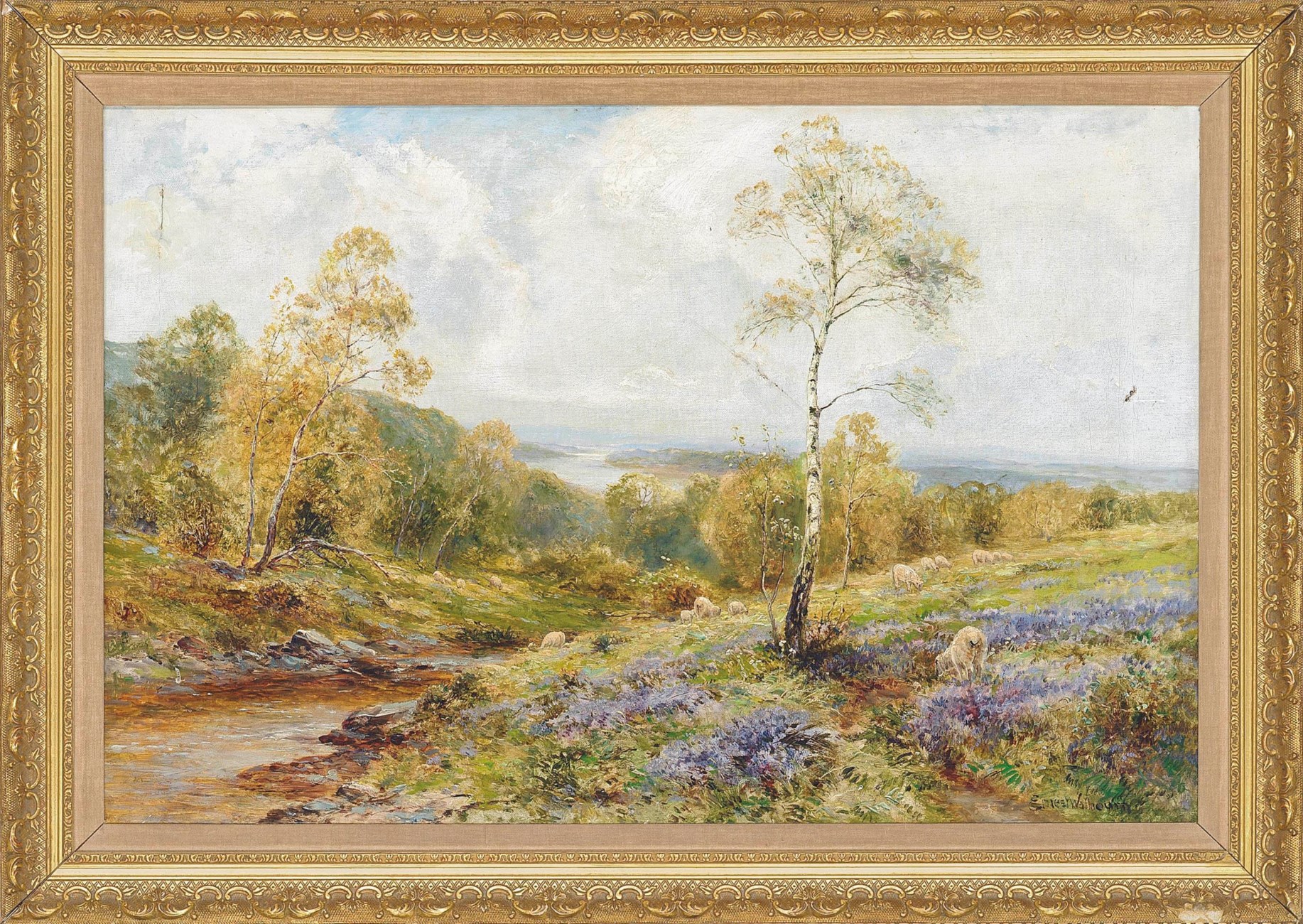 Ernest Walbourn (1872-1927) , Sheep grazing amongst silver birches ...