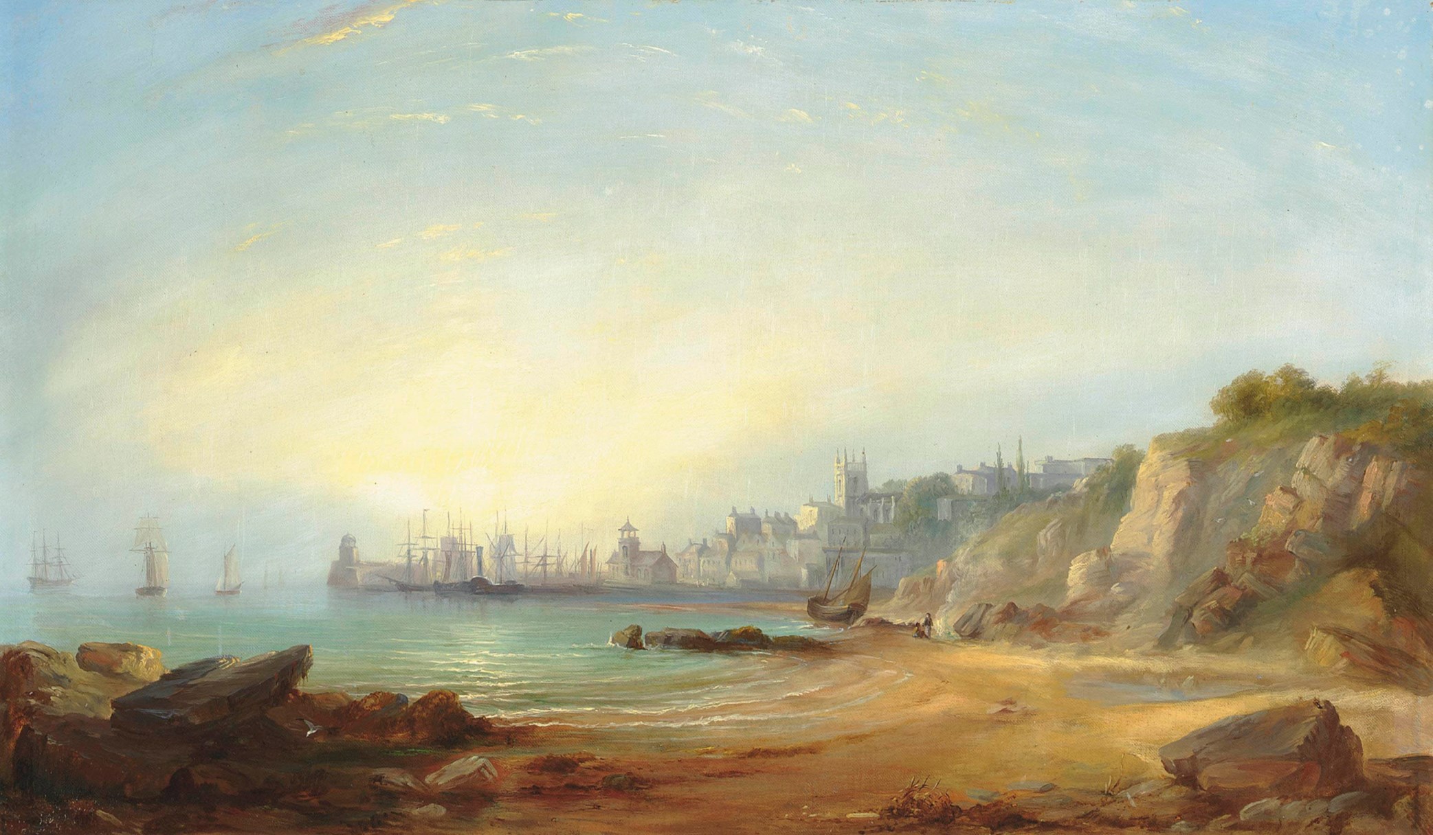 Edward F. D. Pritchard (1809-1905) , Figures on the beach at sunset, a ...