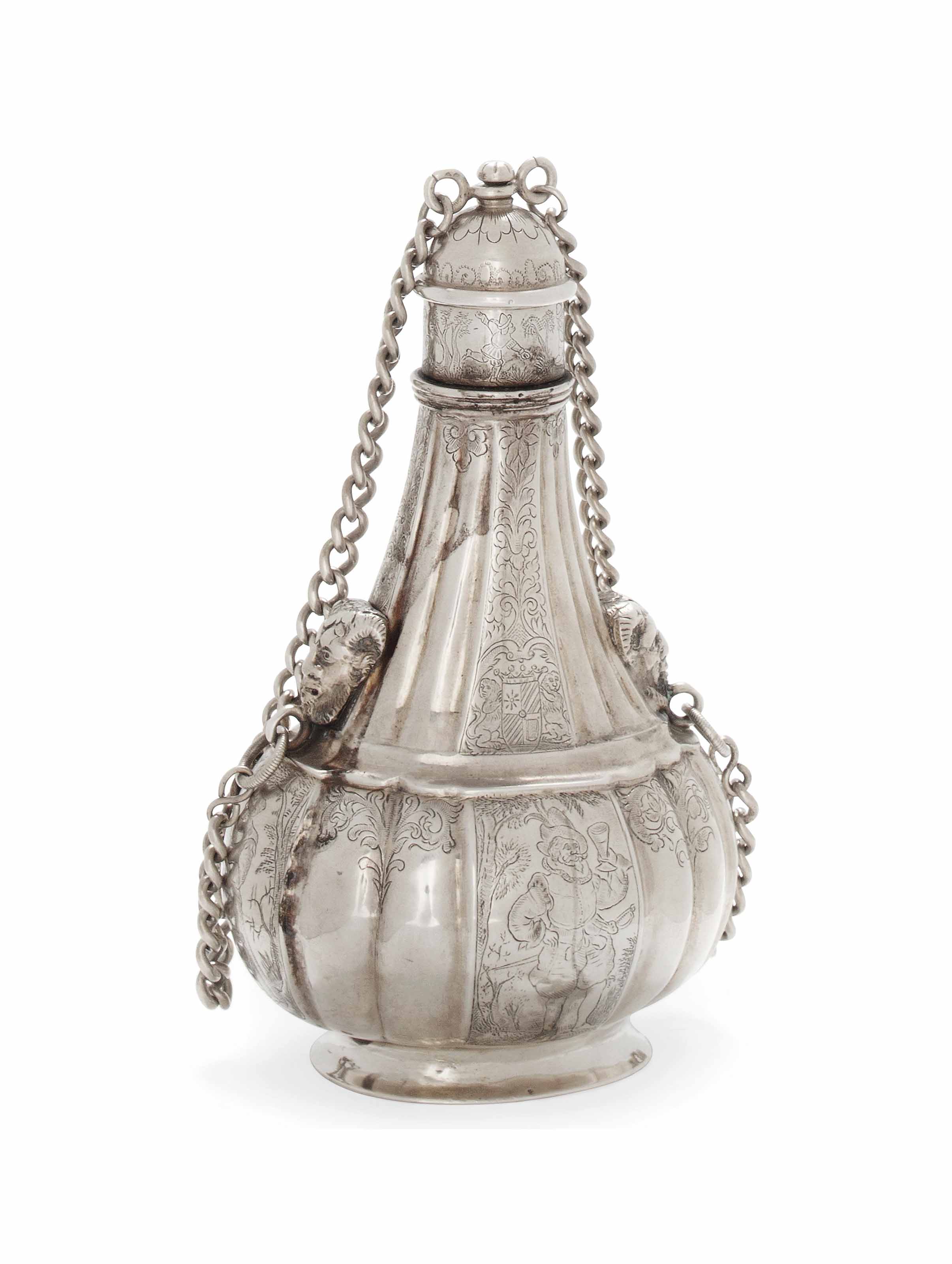 A CONTINENTAL SILVER FLASK IN THE 17TH CENTURY STYLE