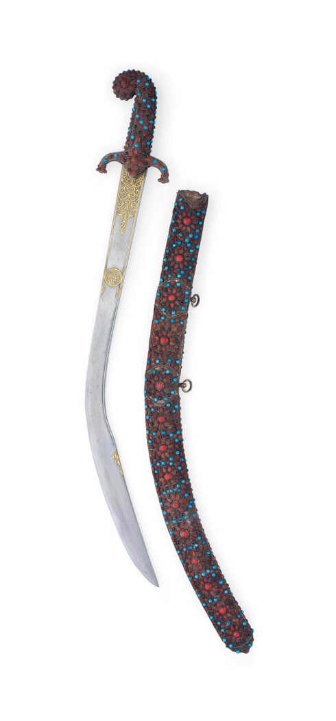 A CORAL AND TURQUOISE-INSET GOLD-DAMASCENED SWORD (KILIDJ) , OTTOMAN ...