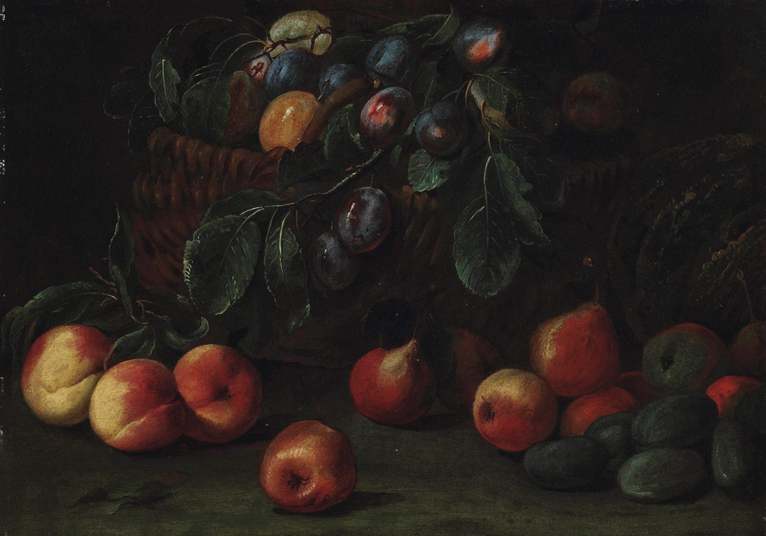 Circle of Giovanni Stanchi (Rome c. 1645-1672 ?) , Plums in a woven ...