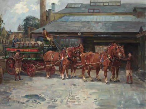 Peter Biegel (1913-1988) , Loading the barrels outside Truman's Brewery ...