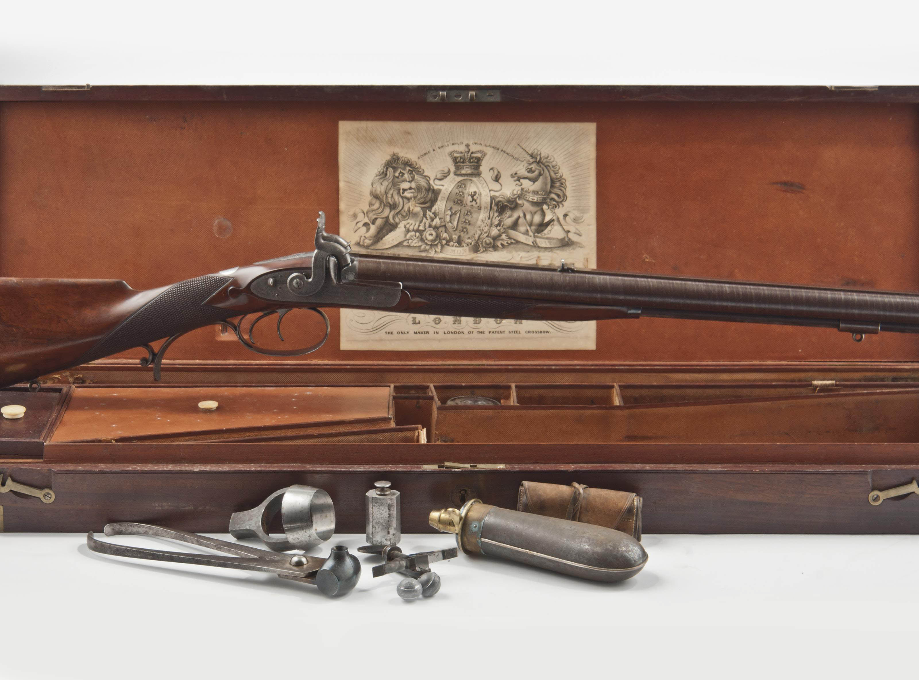A FINE CASED 16-BORE DOUBLE-BARRELLED PERCUSSION SPORTING RIFLE , BY ...