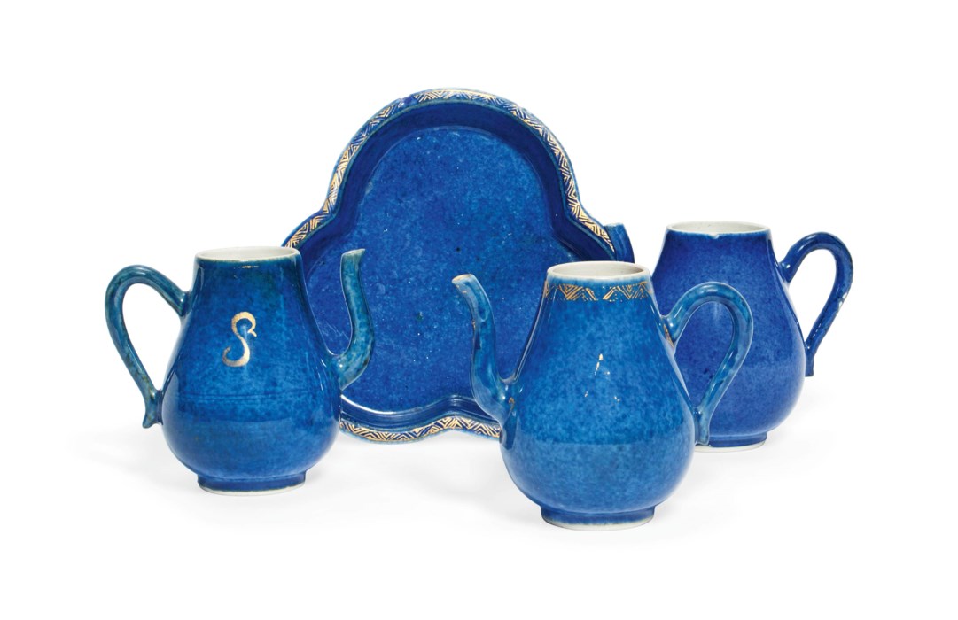 A SET OF THREE CHINESE POWDER BLUE EWERS AND TRAY , KANGXI PERIOD (1662 ...