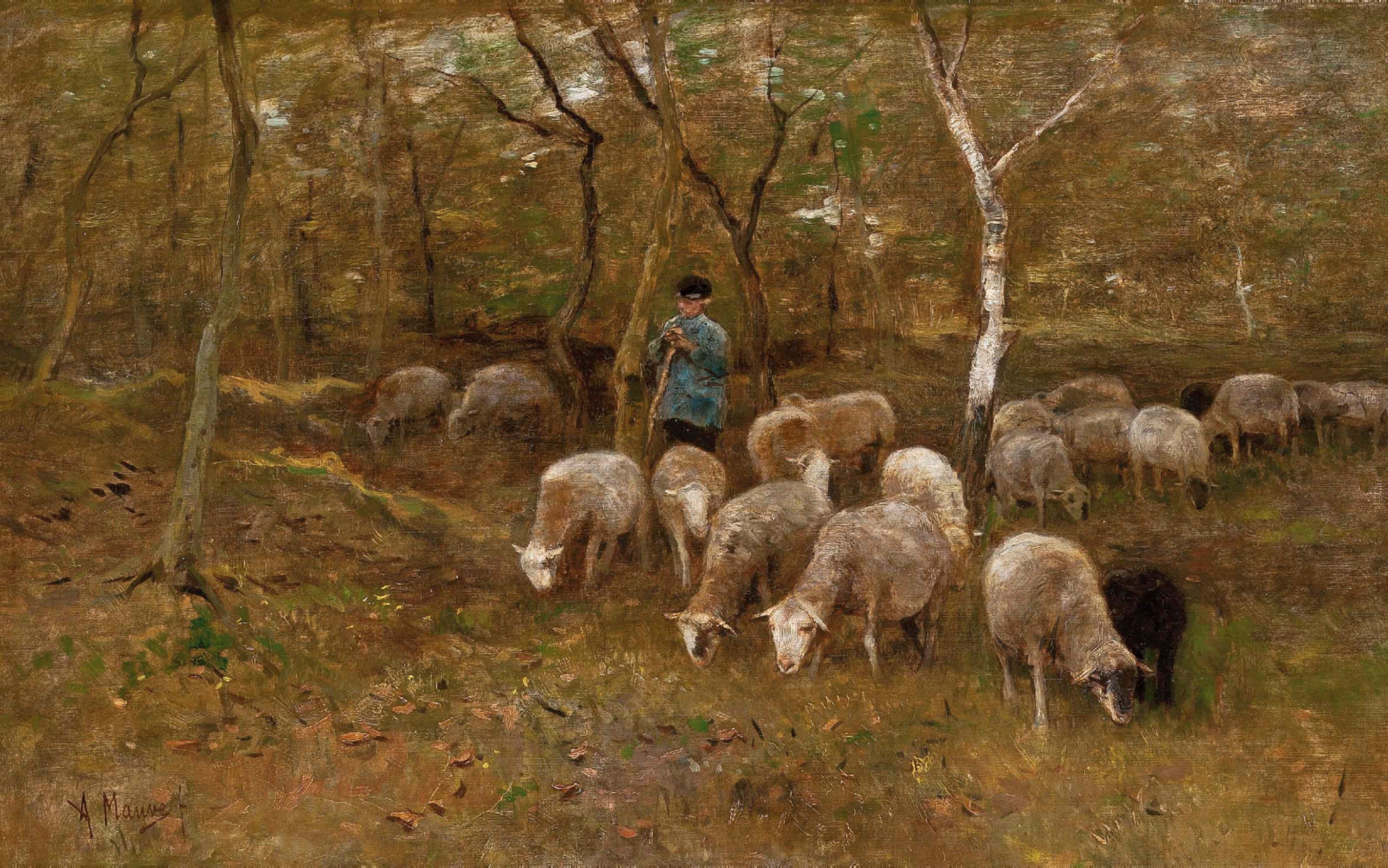 Anton Mauve (Dutch, 1838-1888) , A shepherd with his flock in the woods ...