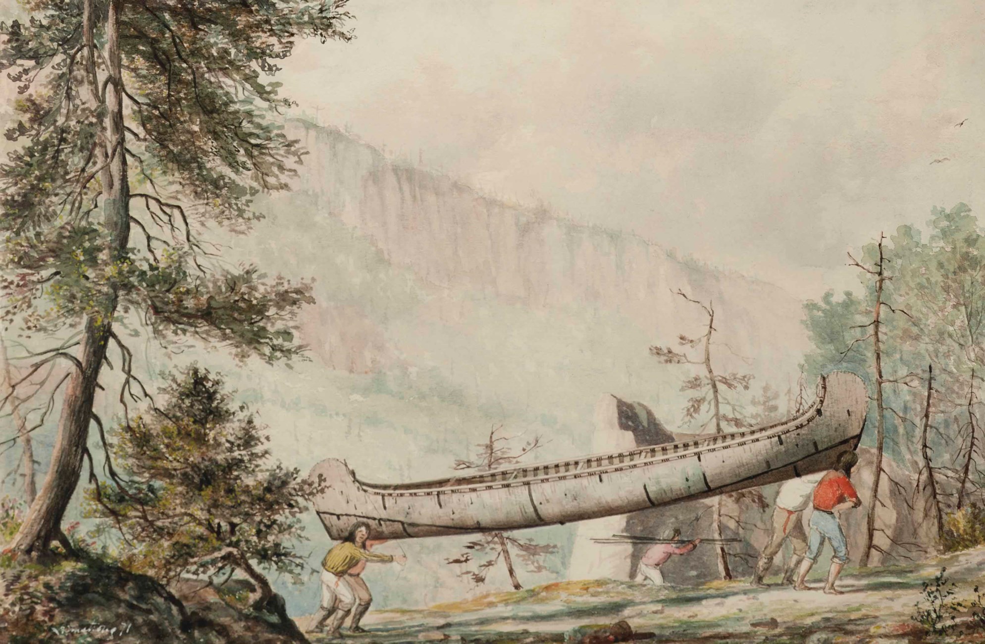 William W. Armstrong (1822-1914) , Native Americans portaging a canoe ...