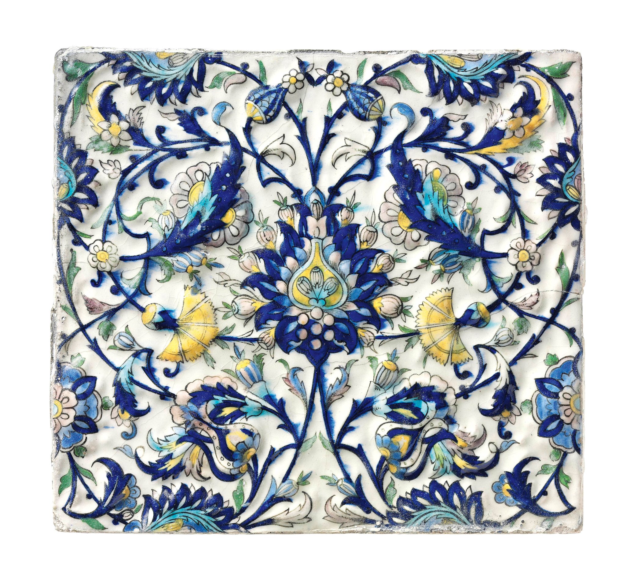 A QAJAR MOULDED POTTERY TILE AND TWO SAFAVID TILE PANELS , IRAN 17TH ...