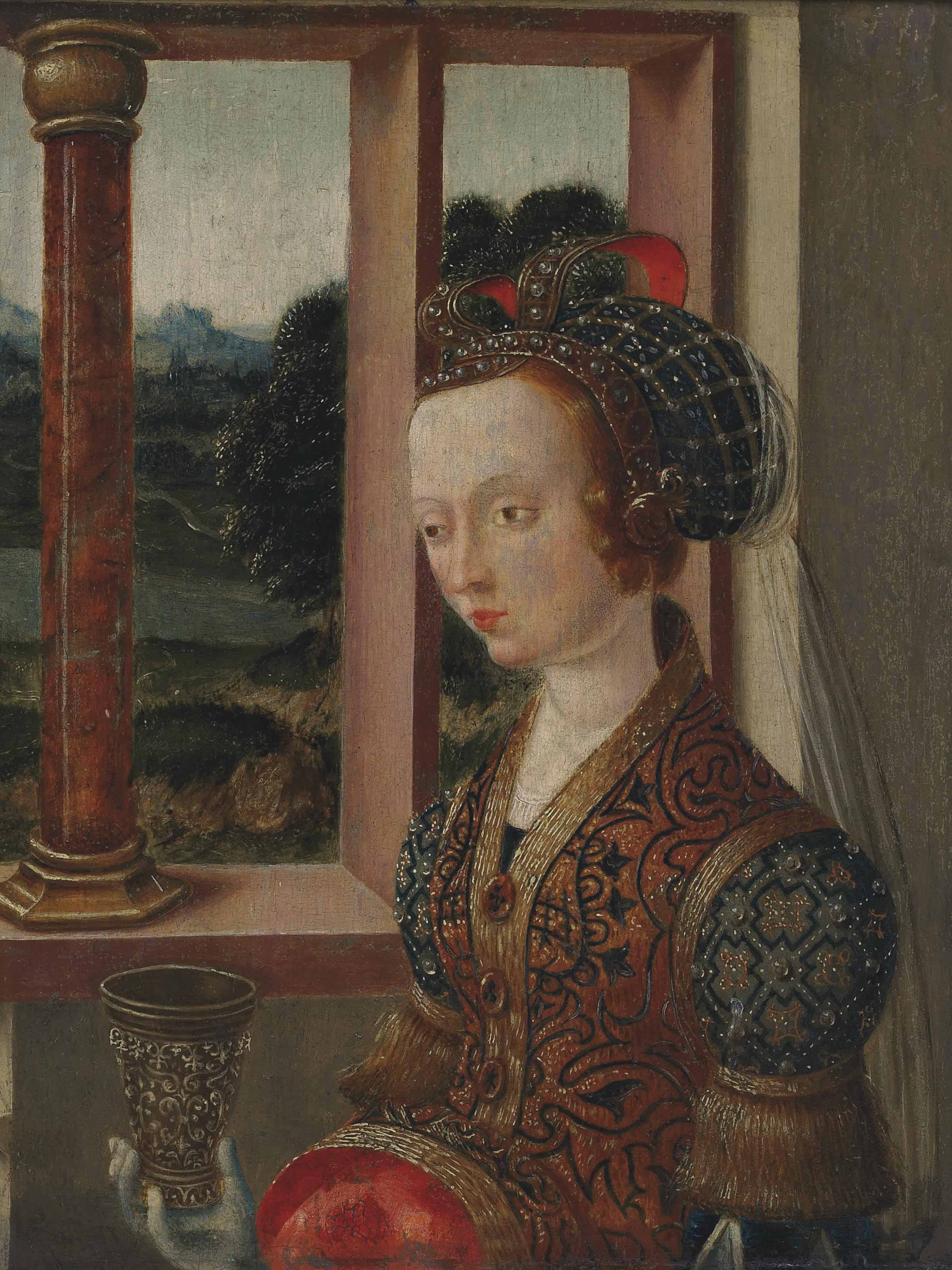 Circle of Cornelis Engebrechtsz. (?Leiden 1460/8-1527) , Saint Mary Magdalene, in an interior, a ...