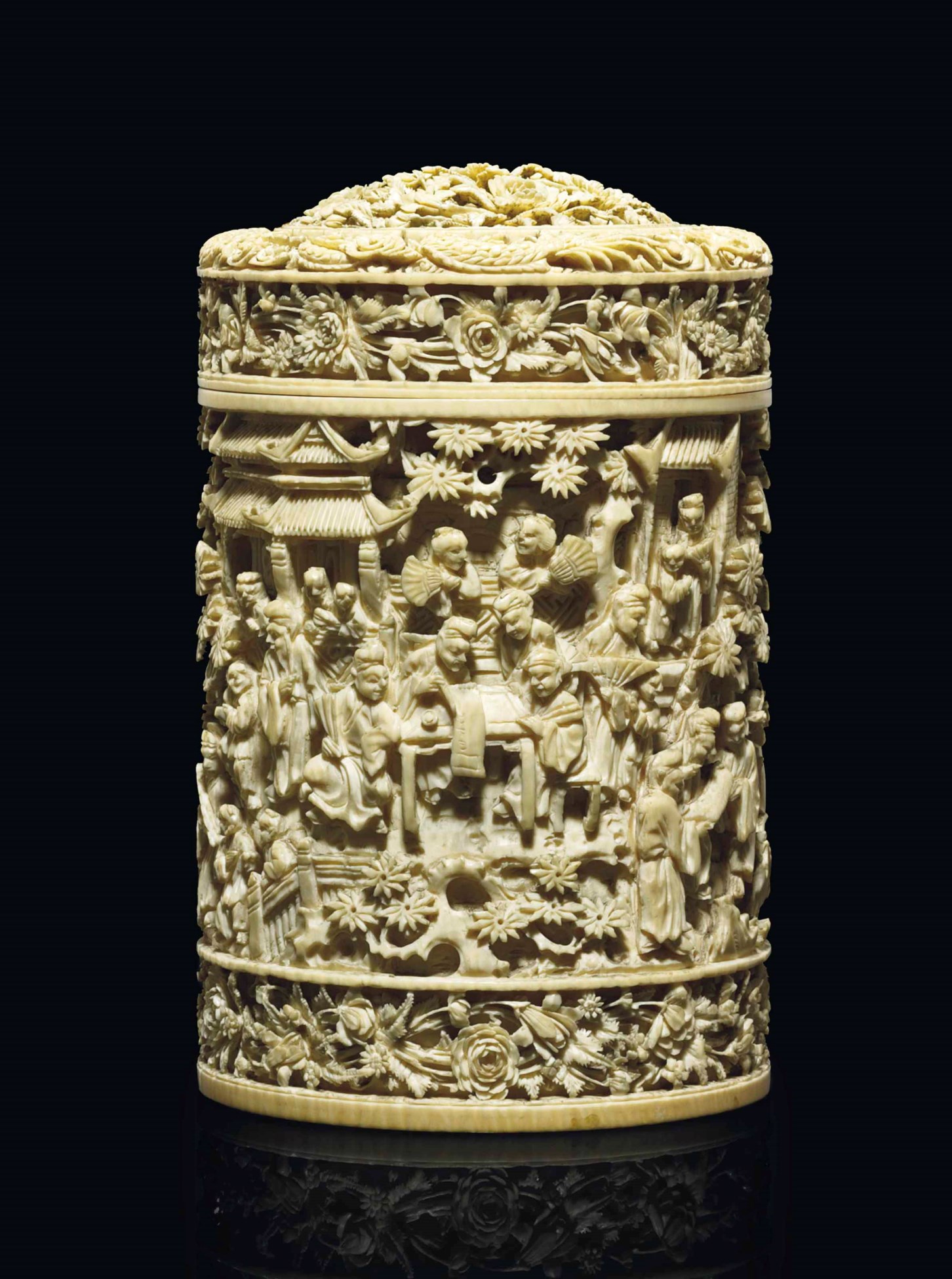 A CHINESE CARVED IVORY CYLINDRICAL BOX AND COVER , 19TH CENTURY ...
