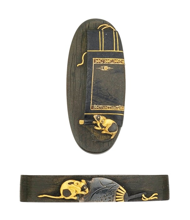 A Shibuichi Mikakiji Fuchi-Kashira , SIGNED YASUCHIKA, EDO PERIOD (19TH ...