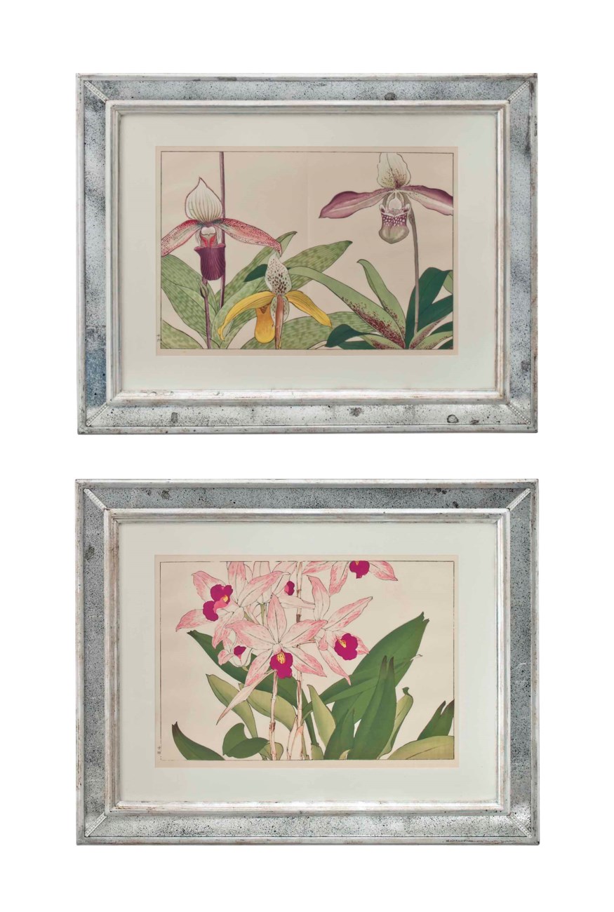 TWELVE JAPANESE COLOURED WOOD BLOCK PRINTS OF ORCHIDS