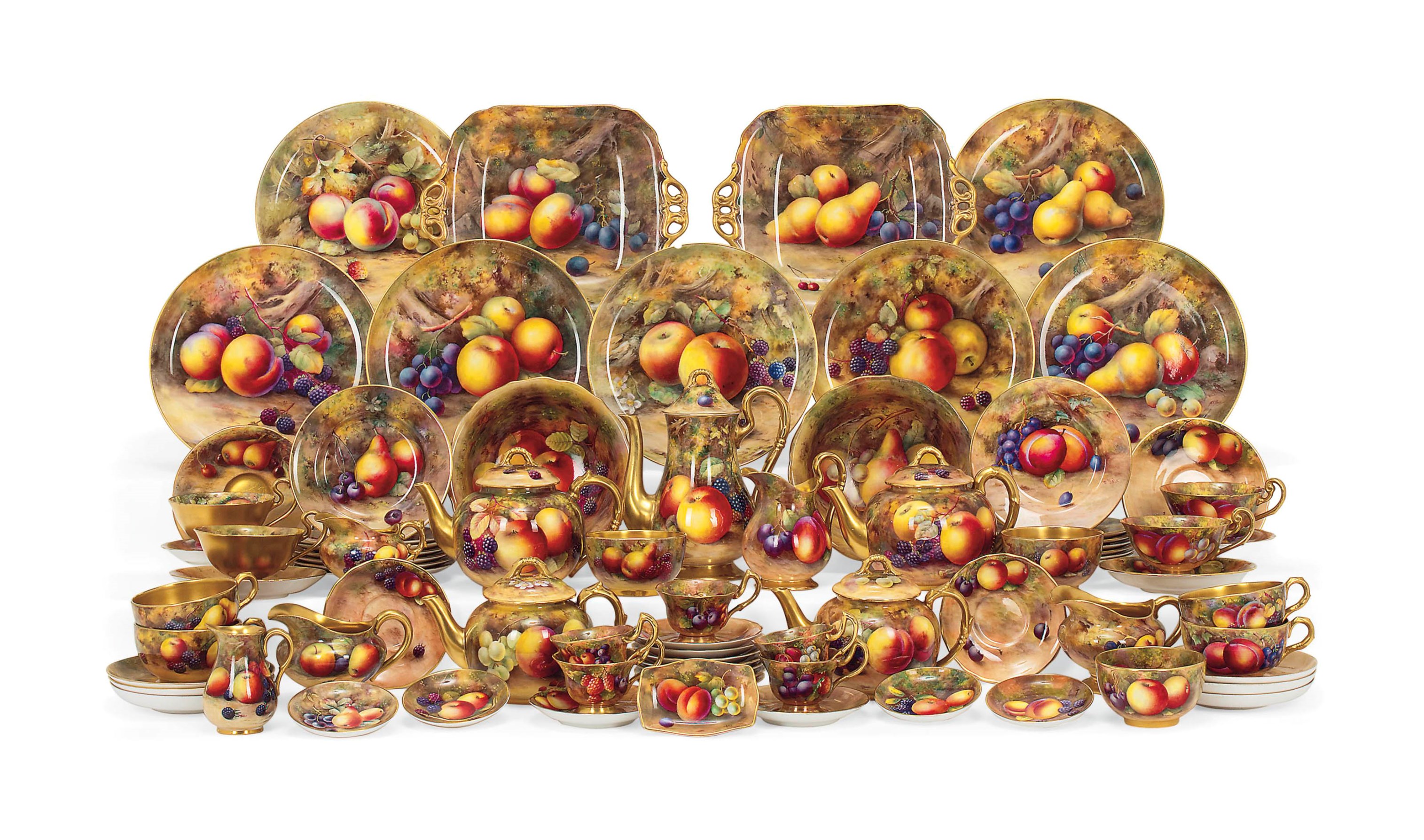 A GROUP OF ROYAL WORCESTER FRUIT-PAINTED WARES , 20TH CENTURY, PUCE AND ...