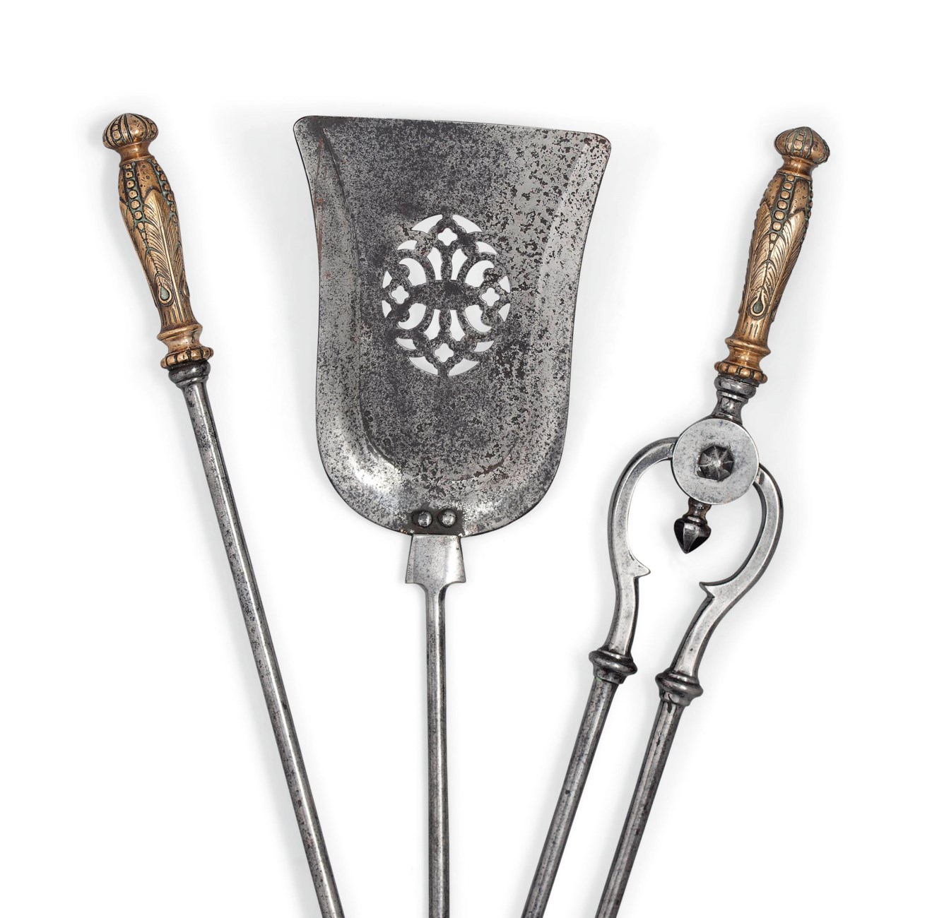 A SET OF THREE VICTORIAN STEEL AND BRASS FIRE IRONS
