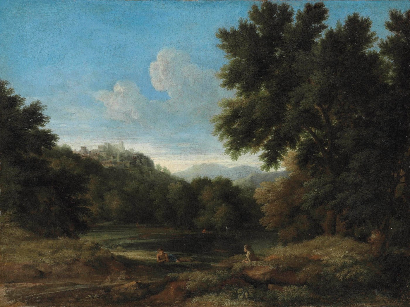 Attributed to Gaspard Dughet (Rome 1615-1675) , A wooded river ...
