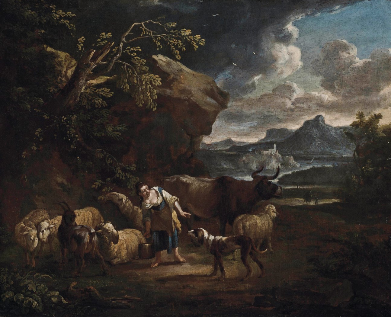 Follower of Nicolaes Berchem , A wooded river landscape with a ...