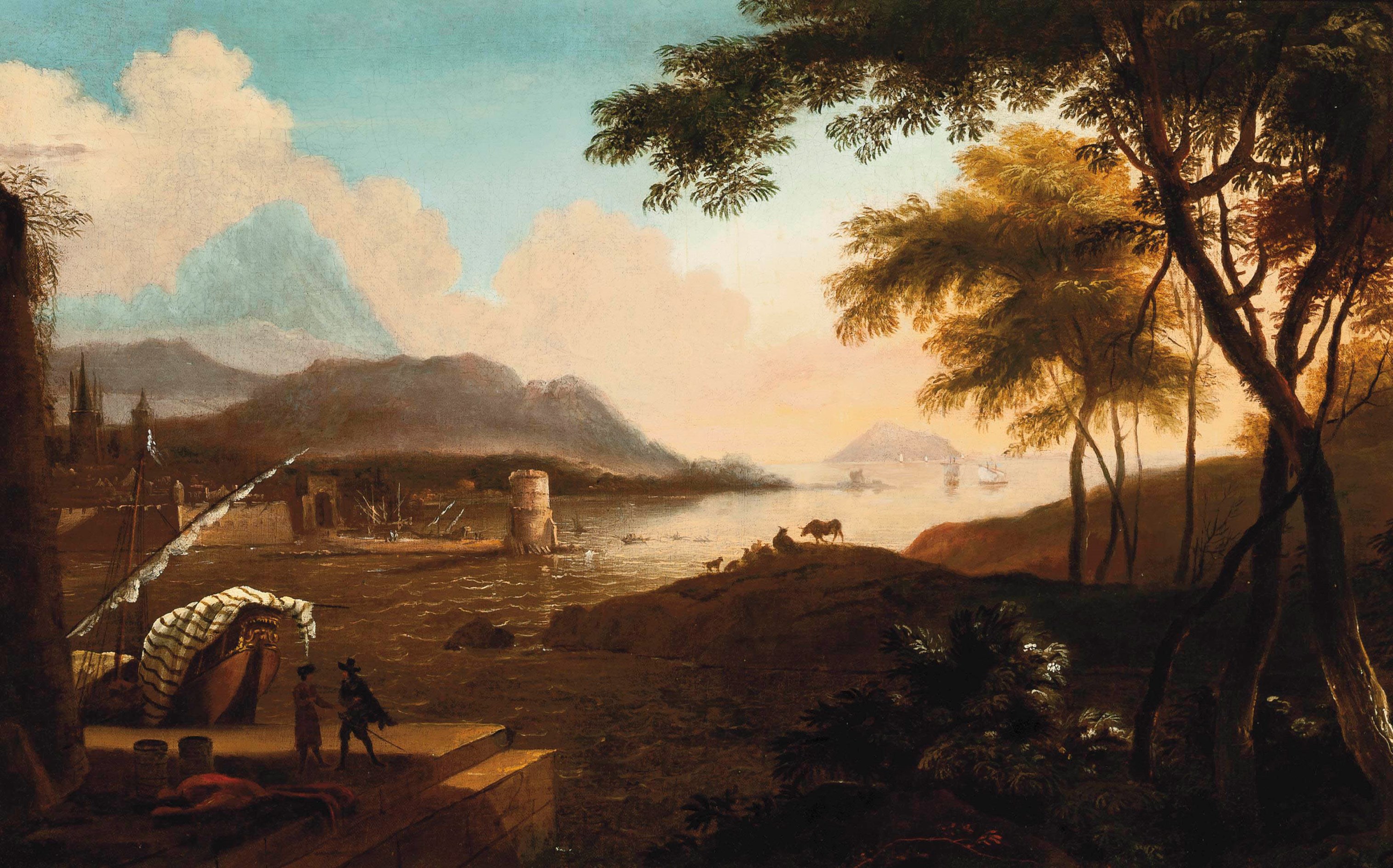 Follower of Adriaen van Diest , A coastal landscape with elegant ...