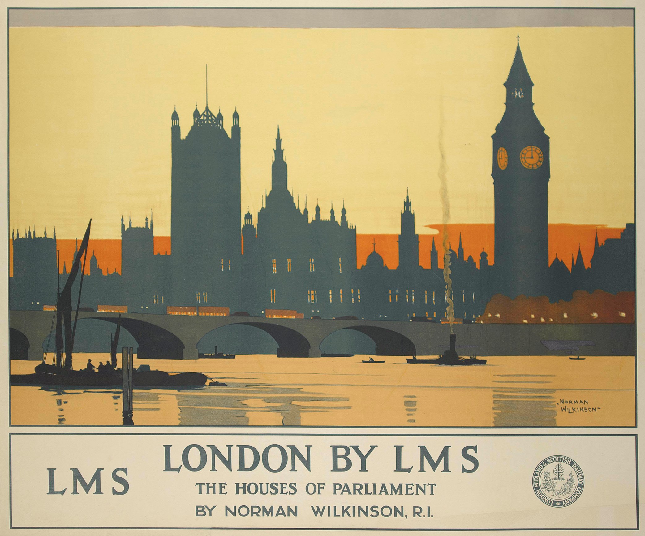 Norman Wilkinson (1878-1971) , LONDON BY LMS, THE HOUSES OF PARLIAMENT ...