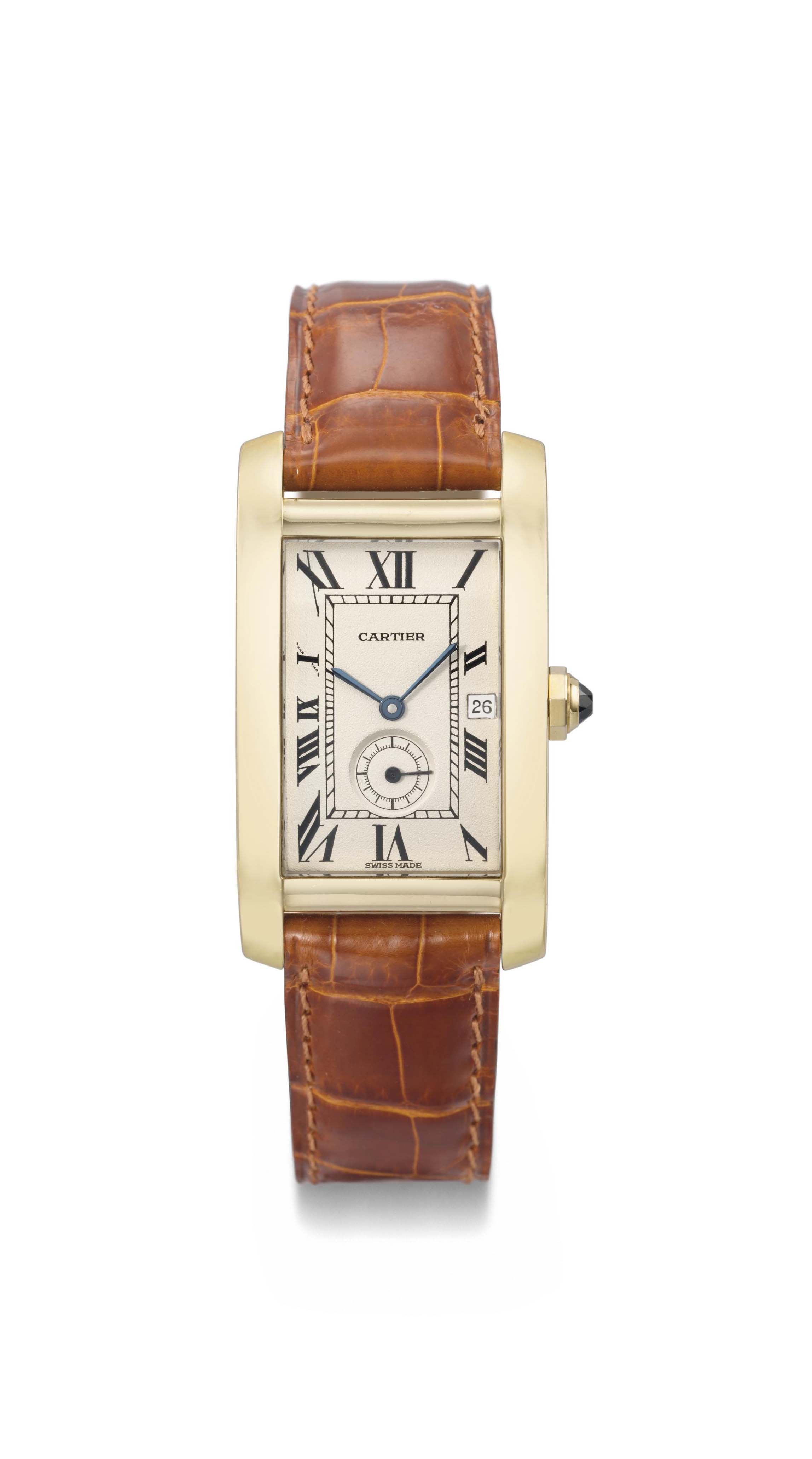 Cartier. An 18K gold rectangular wristwatch with date