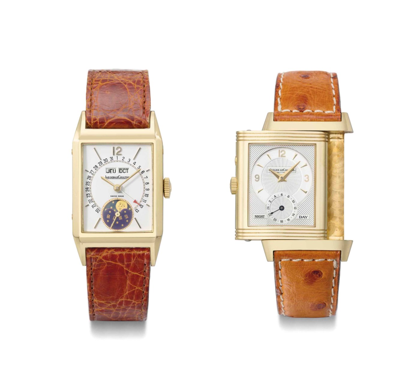 Jaeger-LeCoultre. A group lot of two 18K gold rectangular wristwatches ...