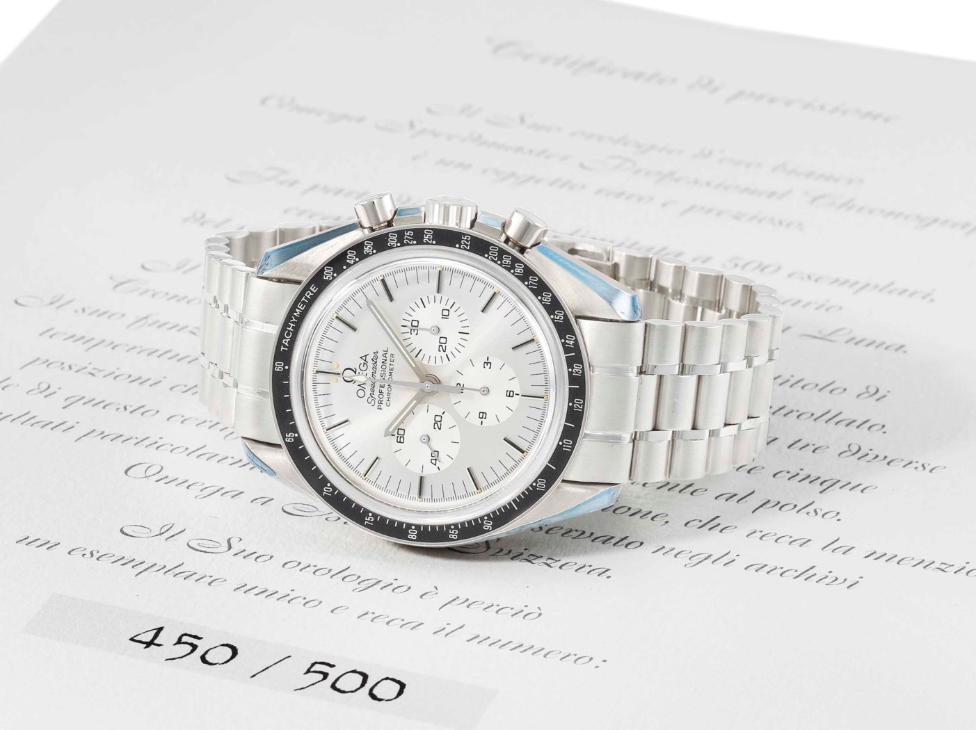 Omega. A fine 18K white gold limited edition chronograph wristwatch ...