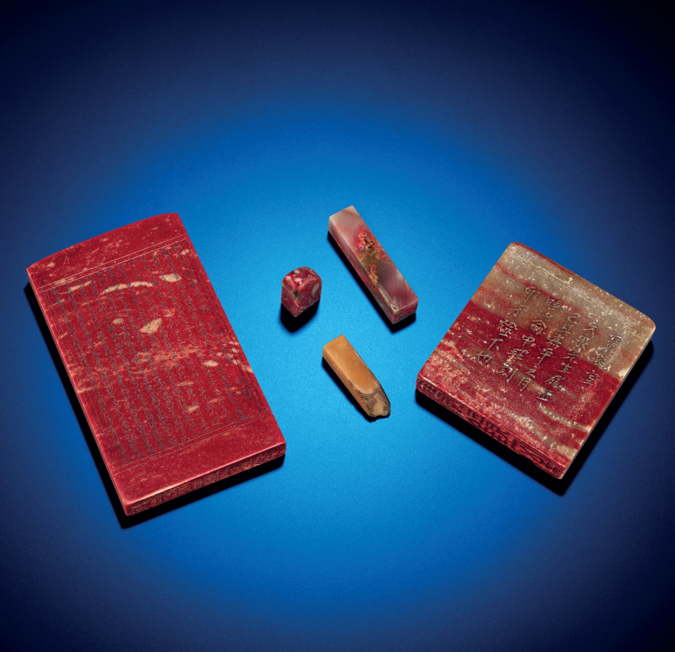 A LARGE RECTANGULAR 'CHICKEN BLOOD' SEAL AND FOUR OTHER SEALS , QING ...