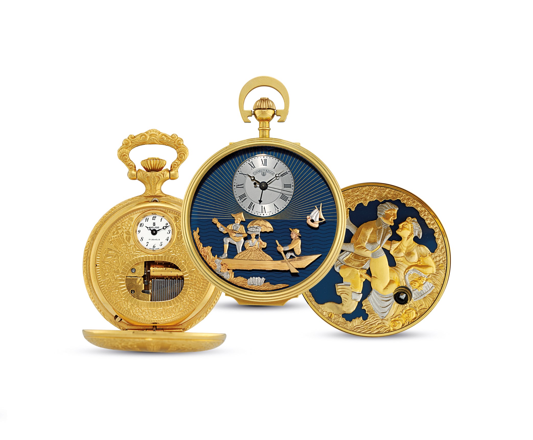 CHARLES REUGE. A GOLD-PLATED OPENFACE KEYLESS LEVER WATCH WITH MUSICAL ...
