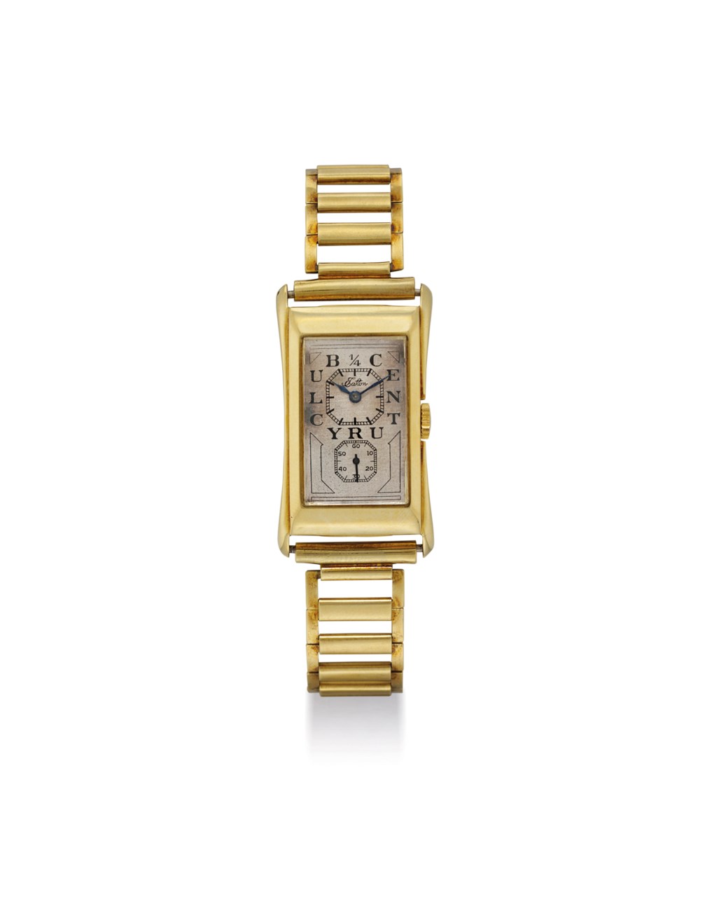 ROLEX. A RARE 14K GOLD RECTANGULAR CURVED WRISTWATCH WITH BRACELET