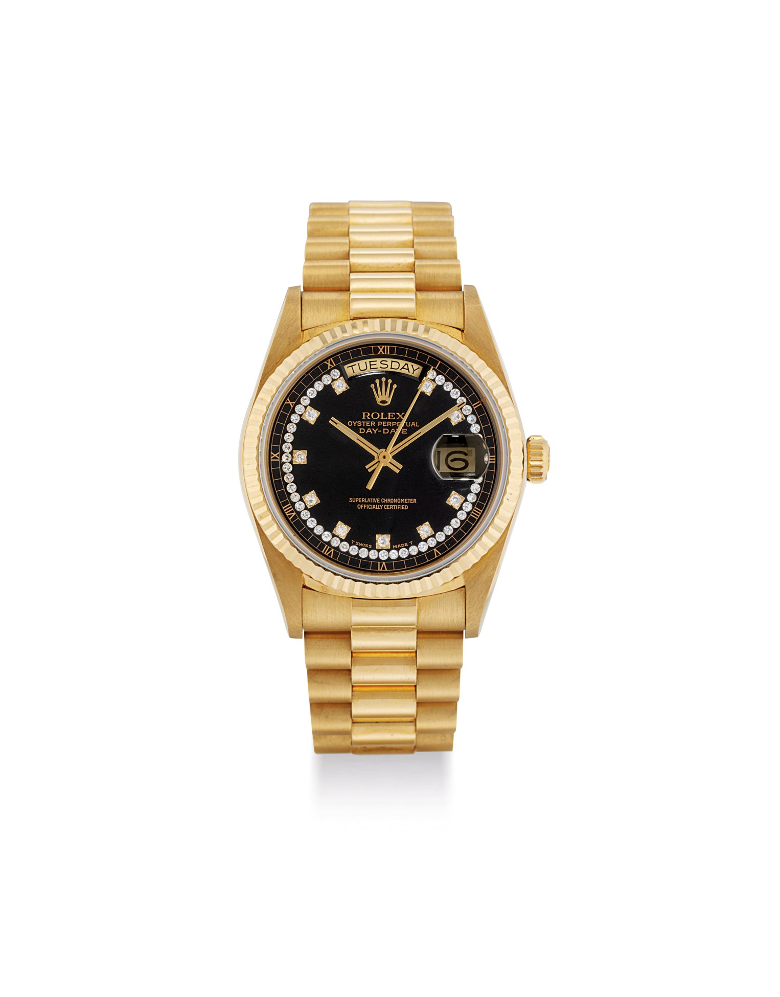 ROLEX. AN 18K GOLD AND DIAMOND-SET AUTOMATIC WRISTWATCH WITH SWEEP ...