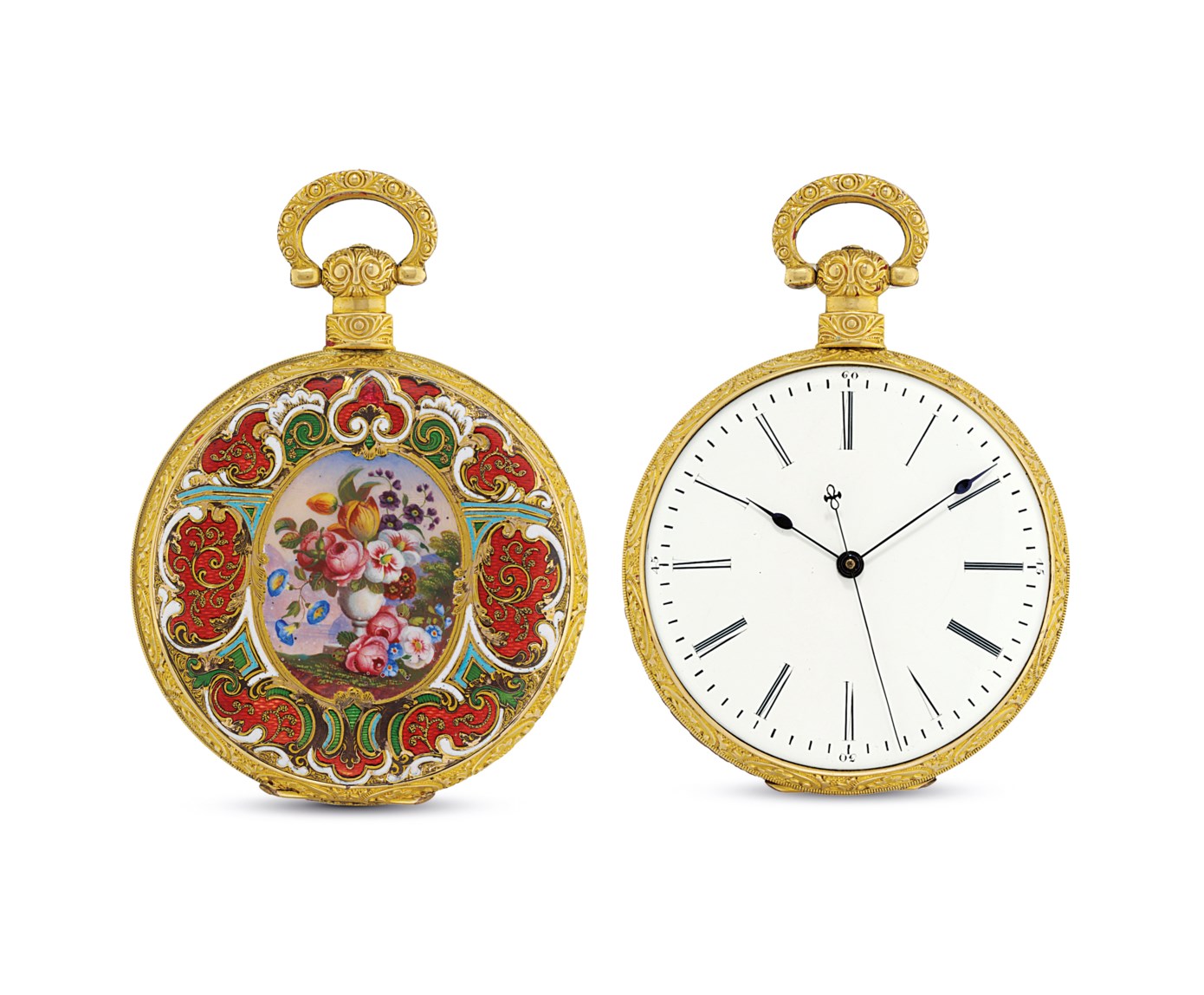 SWISS. A LARGE GILT AND ENAMEL OPENFACE DUPLEX WATCH WITH CENTRE ...
